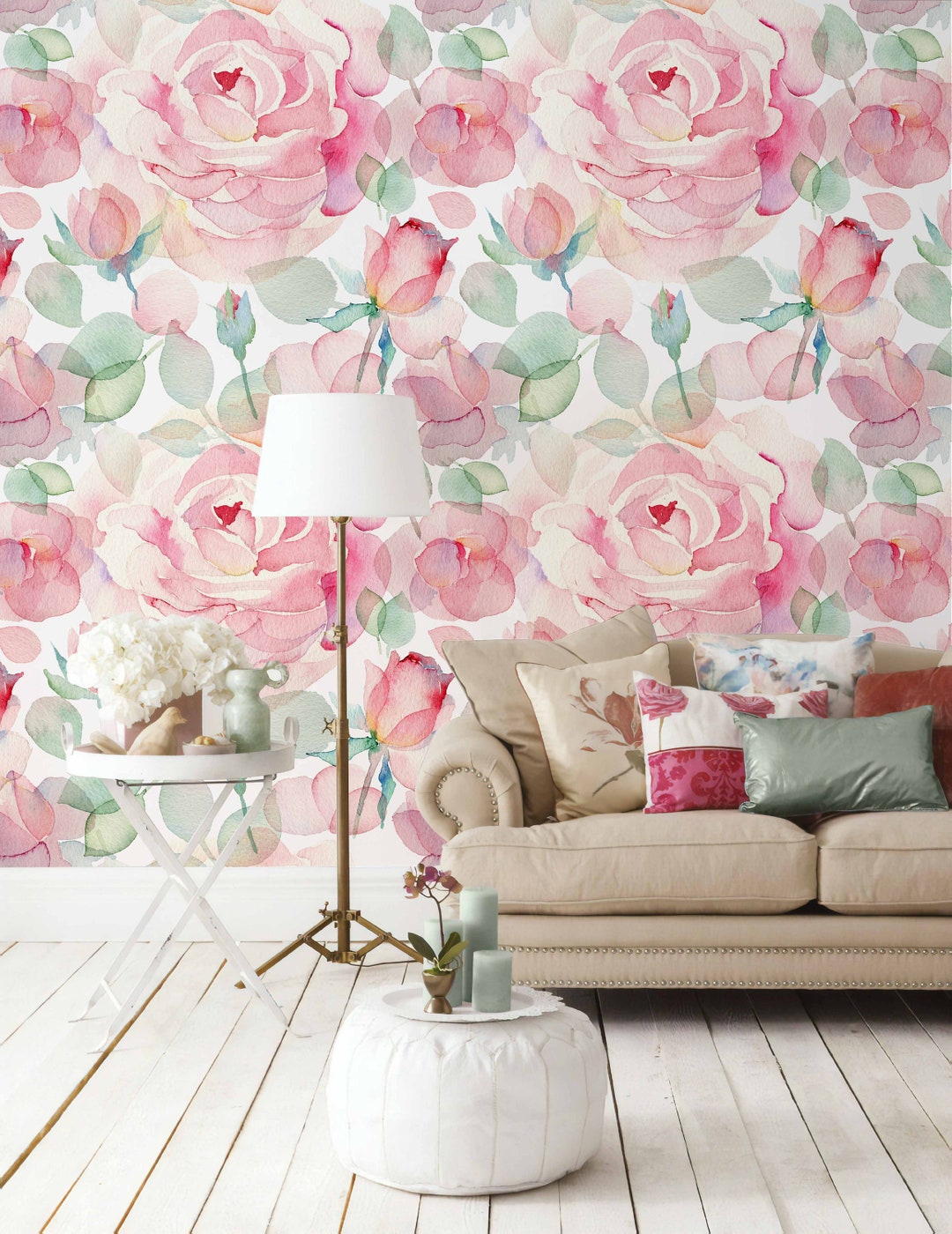 English Rose Wallpaper / Watercolor Wallpaper / Modern Floral Wallpaper ...