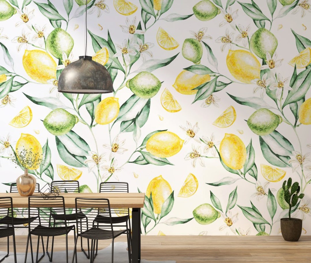 Watercolor Pattern With Lemon Fruits Wallpaper / Kitchen Wallpaper ...