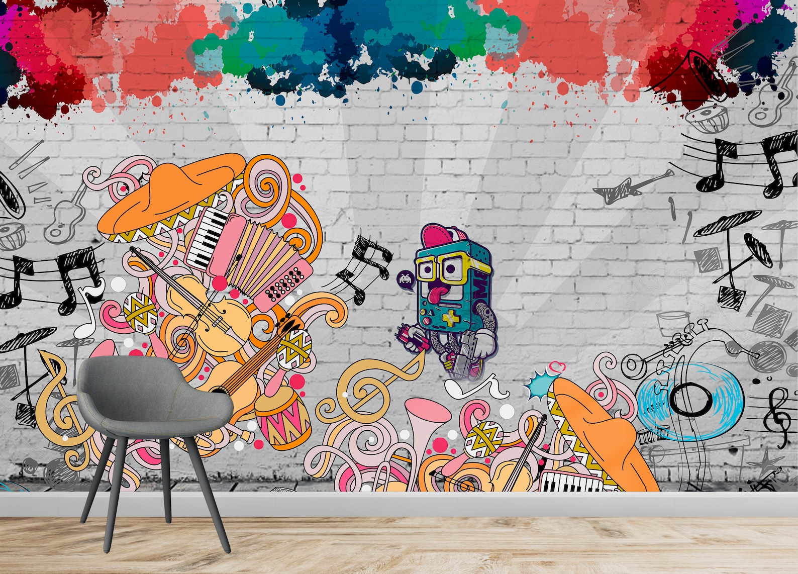 Music Instruments Wallpaper / Brick Wall Wallpaper / Colorful - Etsy