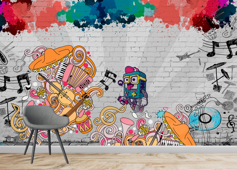 Music Instruments Wallpaper / Brick Wall Wallpaper / Colorful - Etsy