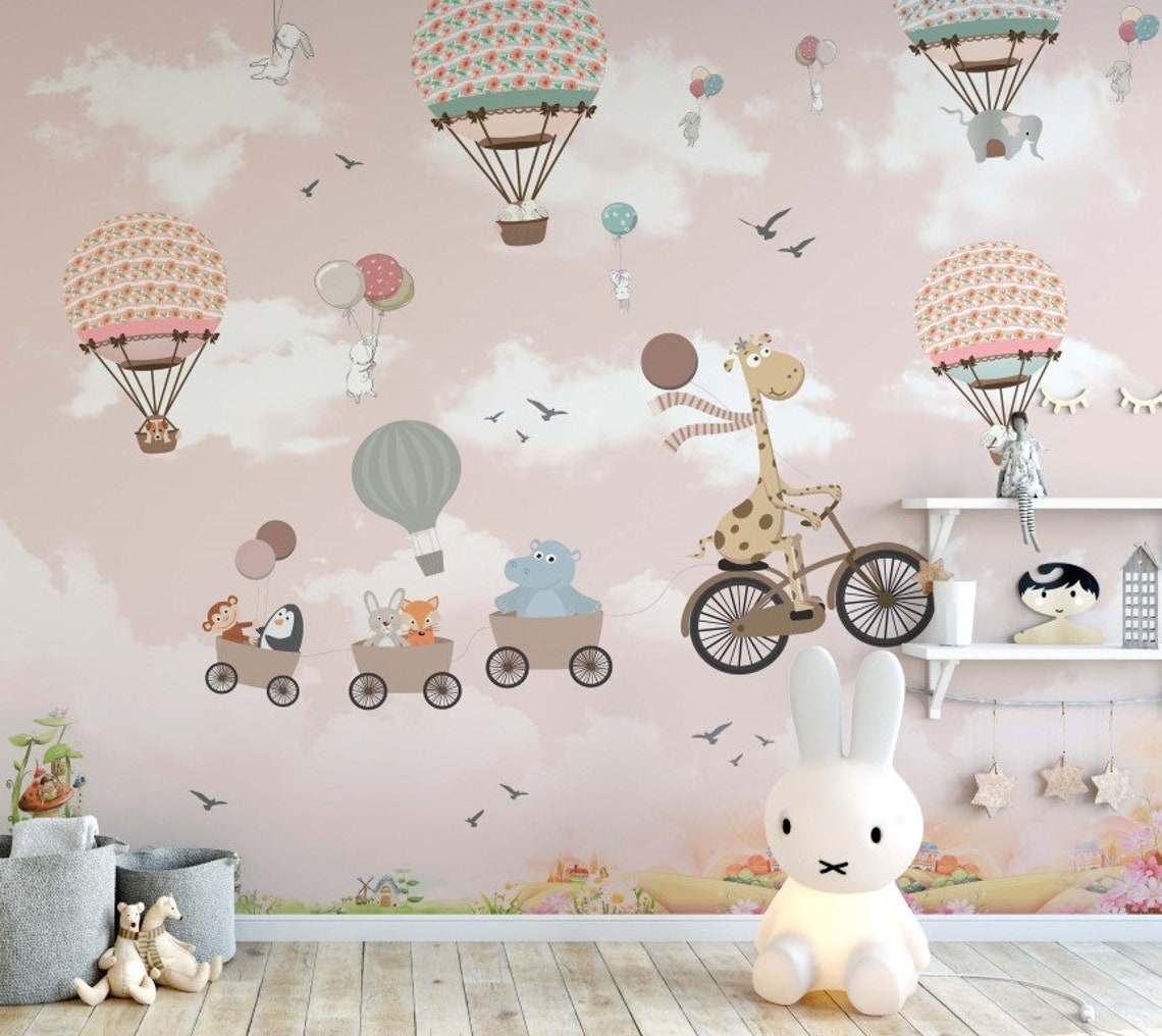 Pink Wallpaper / Flying Rabbits Wallpaper / Air Balloons - Etsy