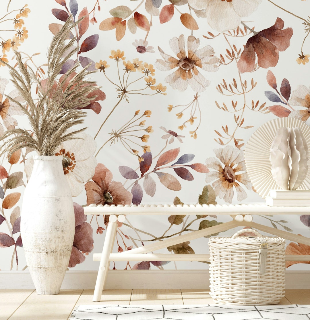 Autumnal Fall Hand Drawn Watercolor Floral Wallpaper Mural - Etsy