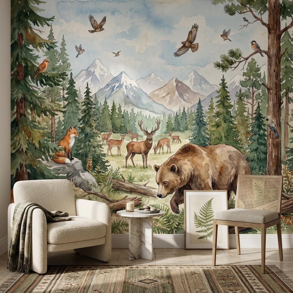 Woodland Animal Wallpaper Rustic Mural for Kids Bedroom - Etsy