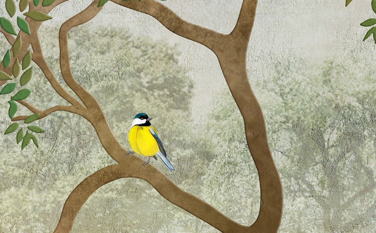 A Tree on Japanese Landscape With Flying Blue Birds Wallpaper / Nursery ...
