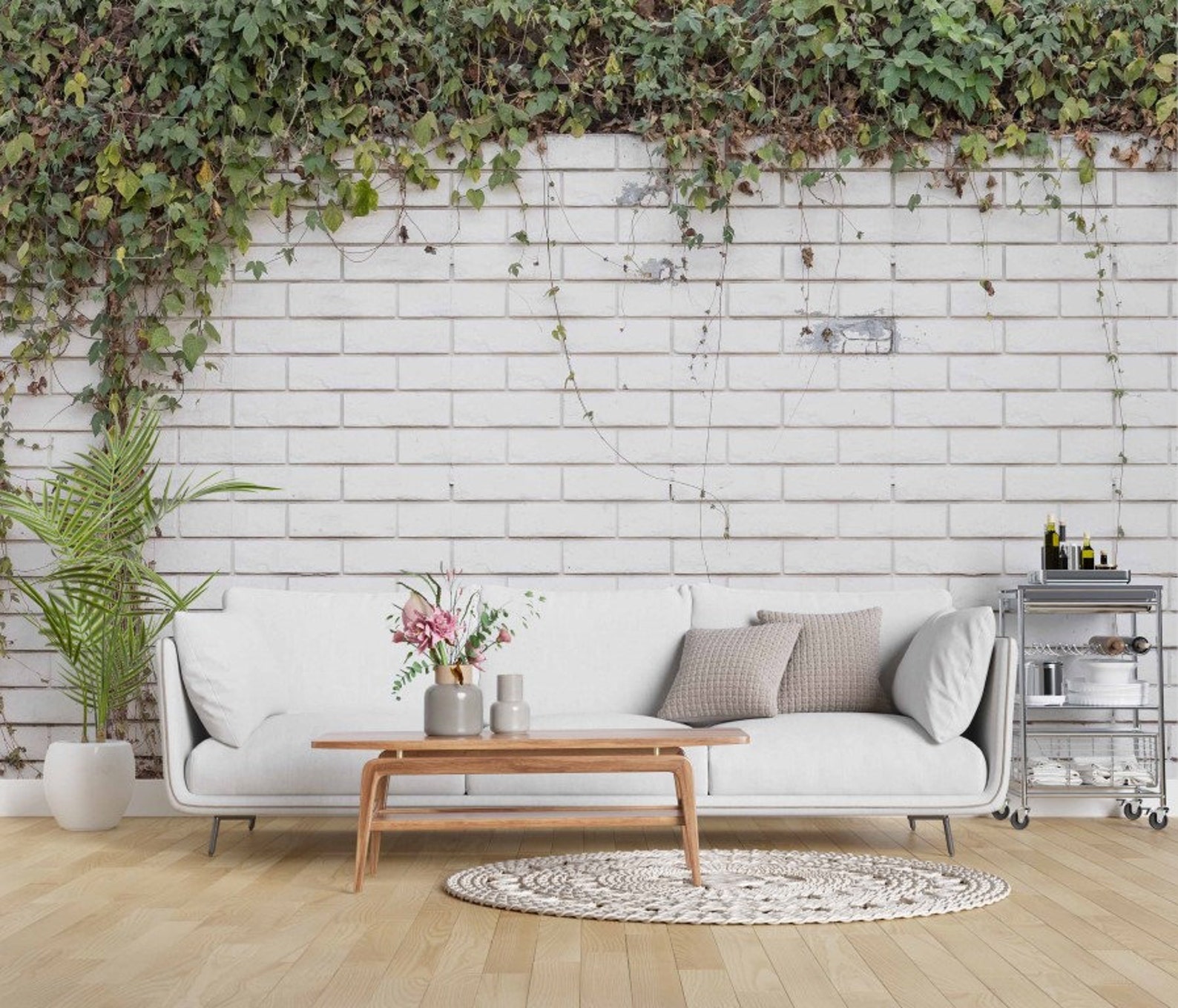 White Brick Look Wallpaper Green Ivy Peel and Stick Wall Mural Art ...