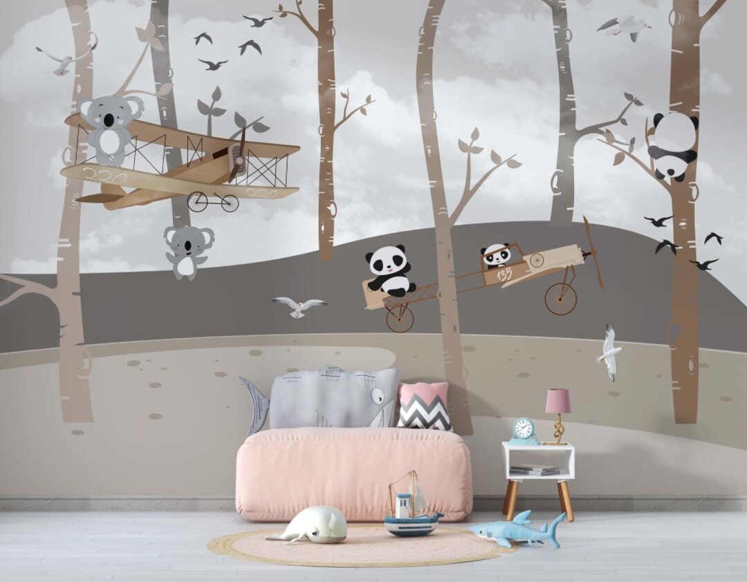 Cute Pandas Wallpaper Kids Room Peel and Stick Trees Wall Mural Nursery ...