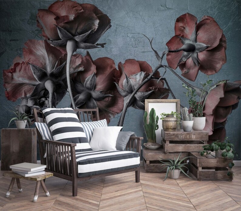 Realistic Floral Wallpaper / Red Rose Wall Murals / Dark Peel - Etsy