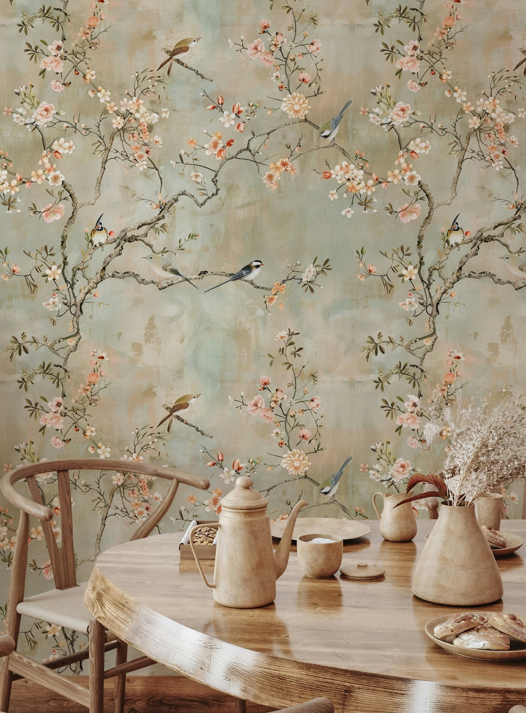 Cherry Blossom Wallpaper Chinoiserie Birds and Flowers, Soft Pastel ...