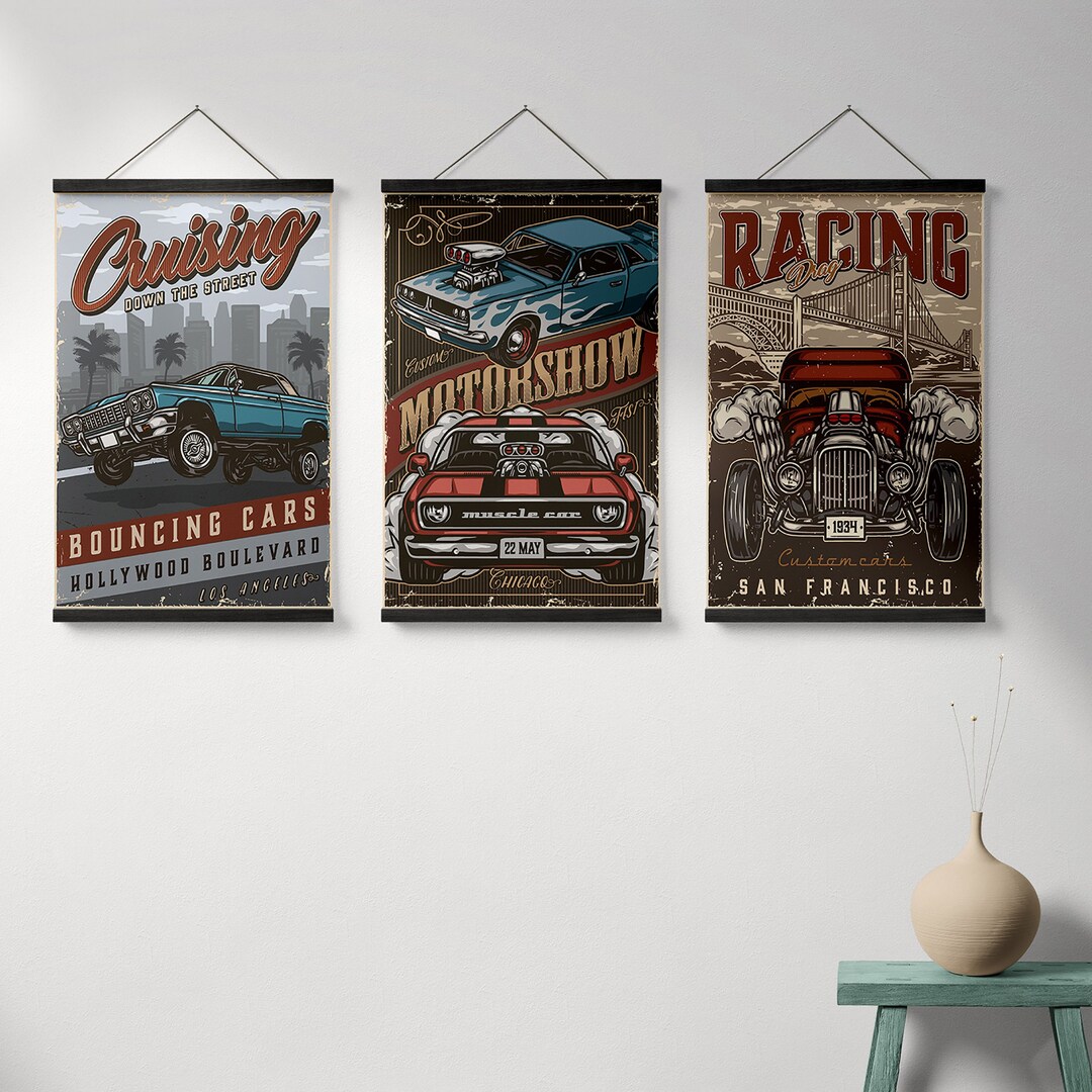 American Lowrider Racing Car Wall Art 3 Set Hanging Poster With Wood ...