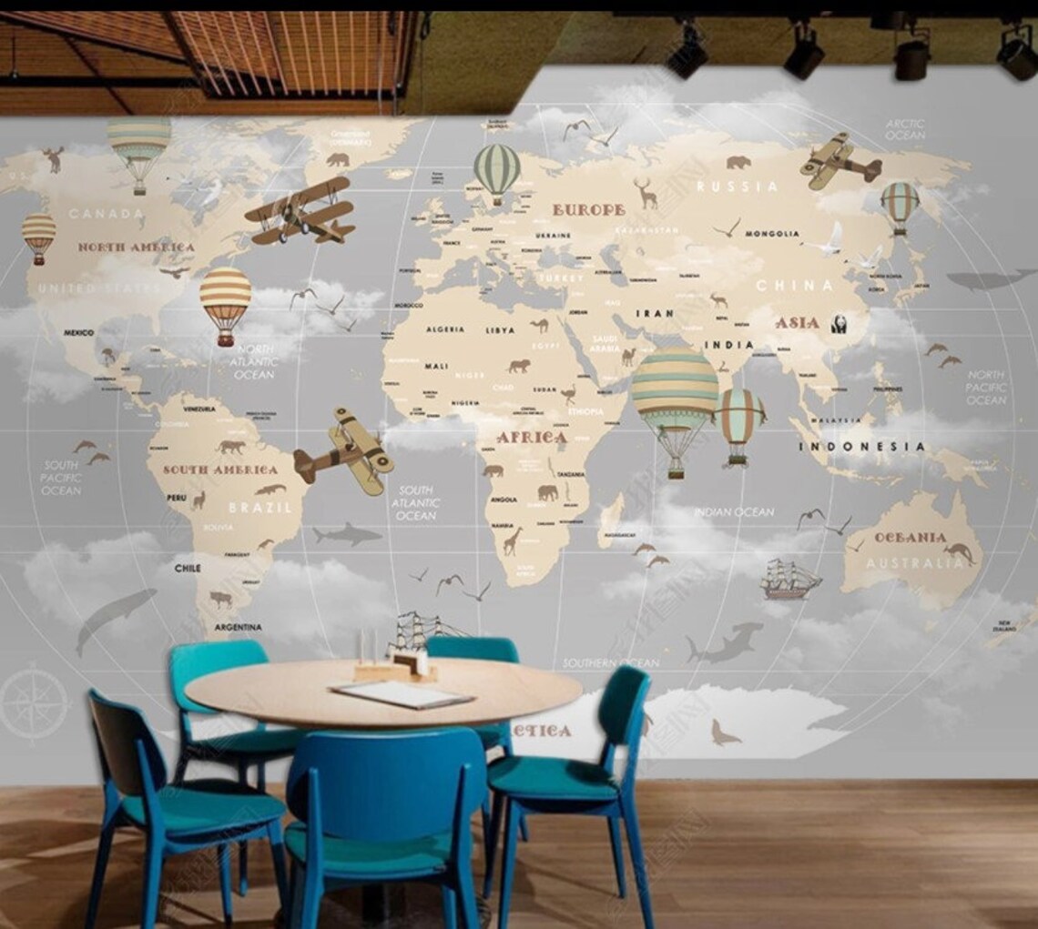 Ellipse World Map Wallpaper / Wallpaper for Kids Room / Peel | Etsy