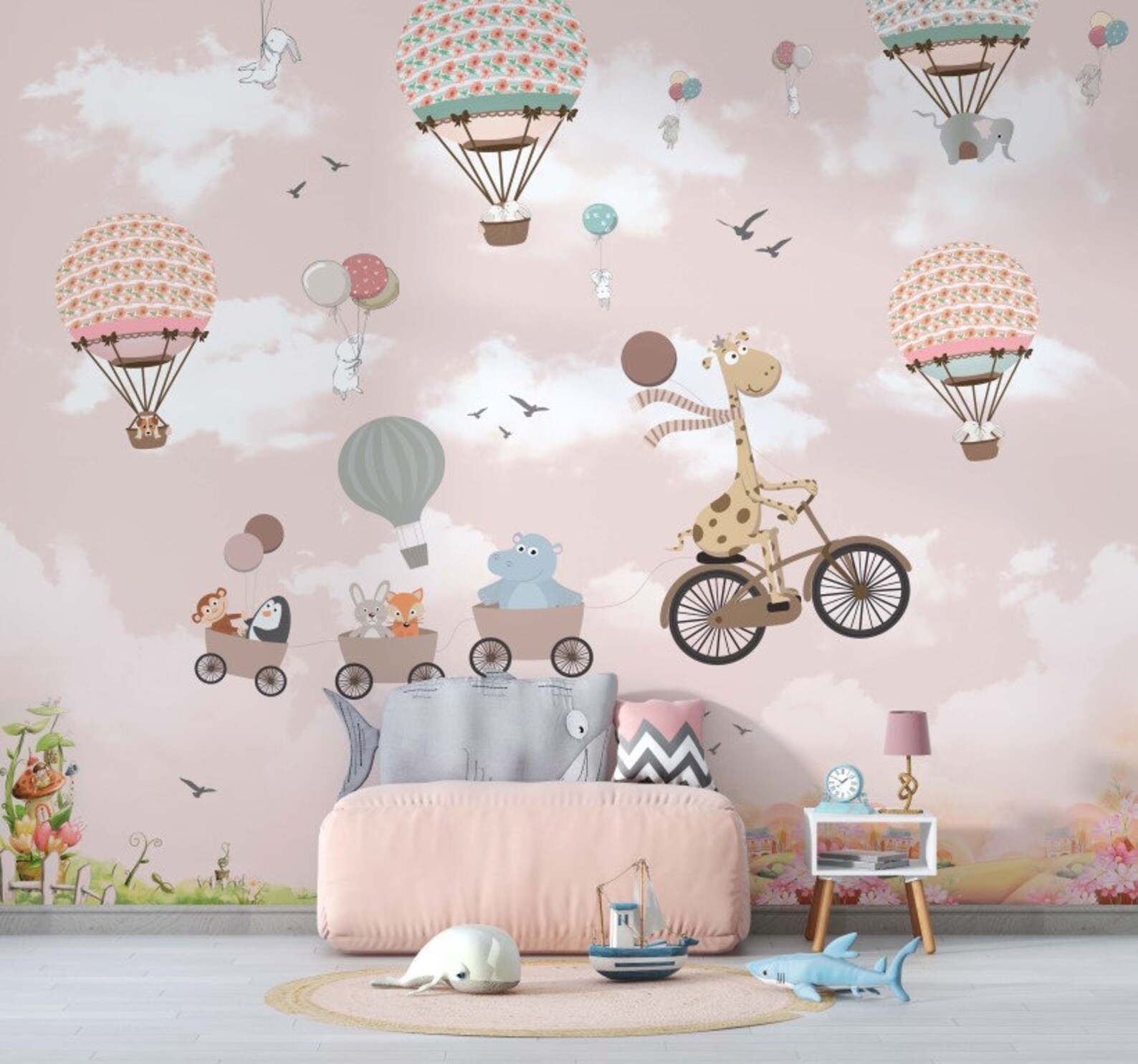 Pink Wallpaper / Flying Rabbits Wallpaper / Air Balloons - Etsy