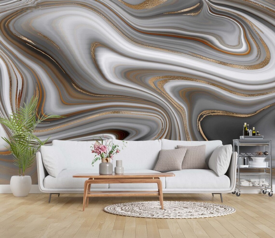 Pastel Grey Colours With Golden Looking Veins Wallpaper / - Etsy