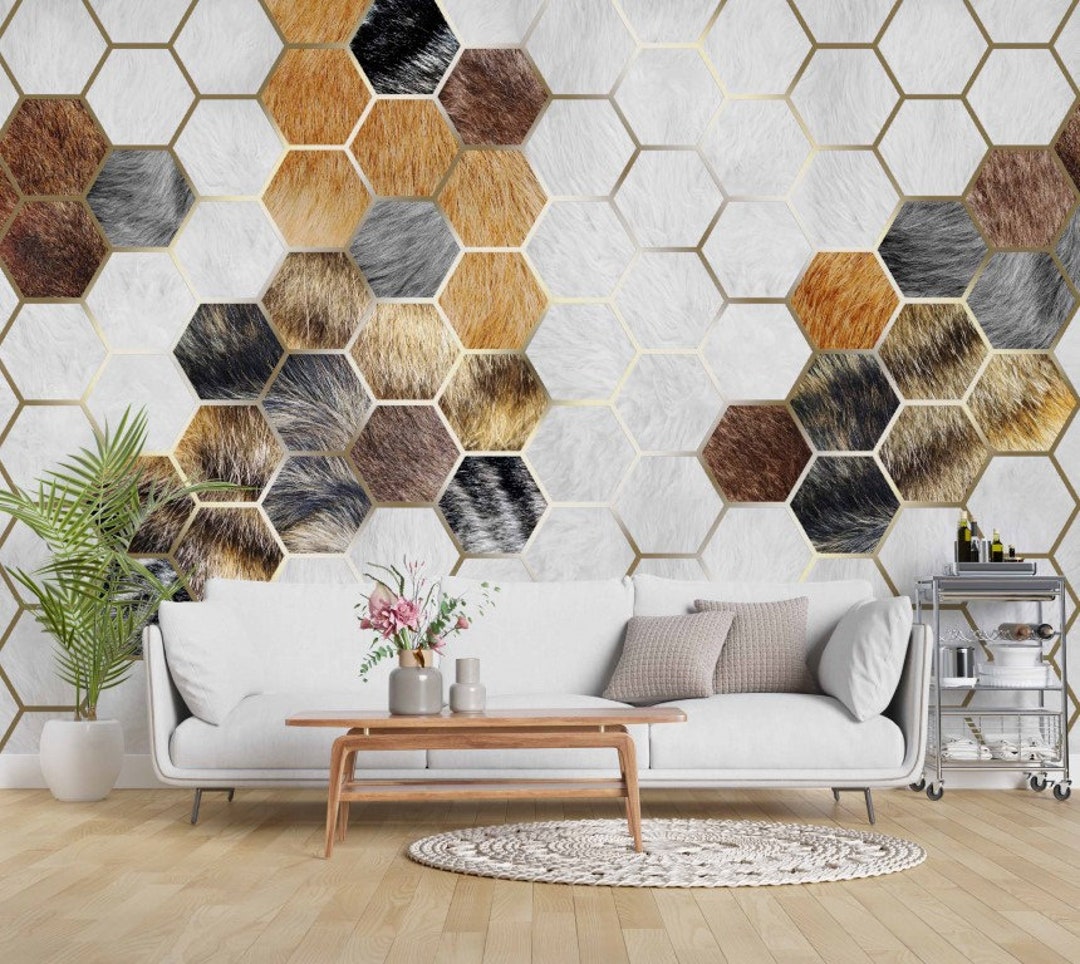Fur Texture in Hexagon Shapes Wallpaper Geometric Wall Decor Creative ...