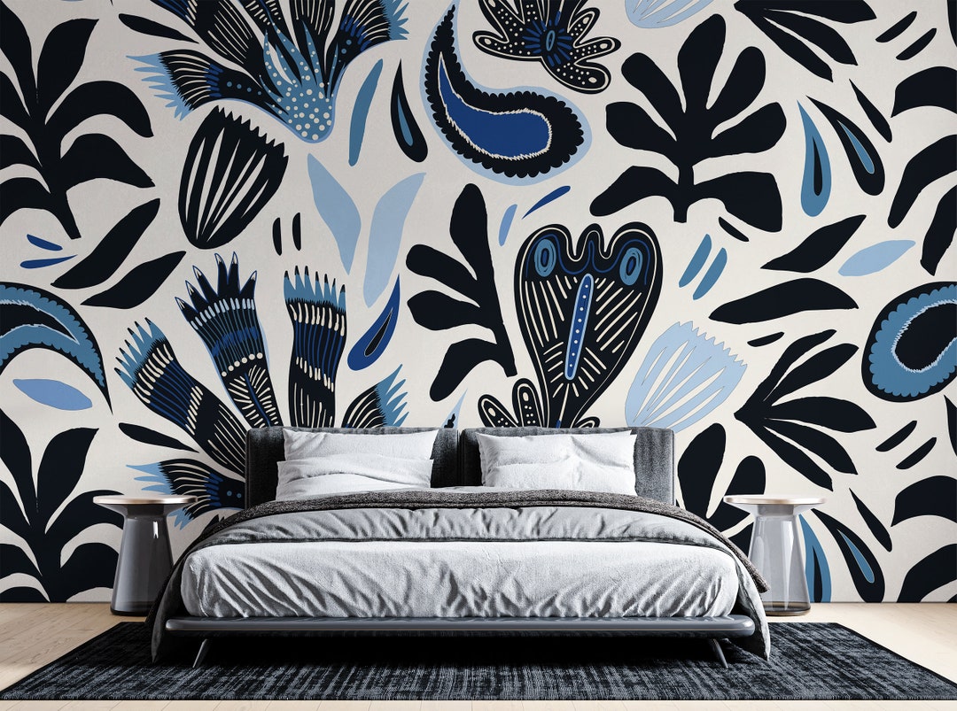 Abstract Wallpaper Blue Peel and Stick Retro Leaves Wall Mural - Etsy