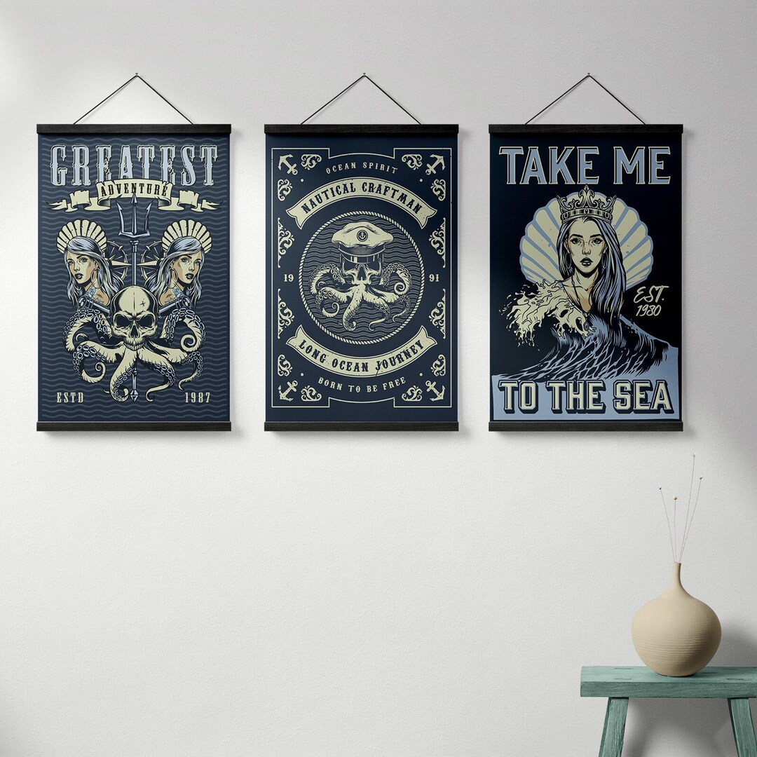 Sea Skull Octopus Mermaid Wall Art 3 Set Hanging Poster With Wood ...