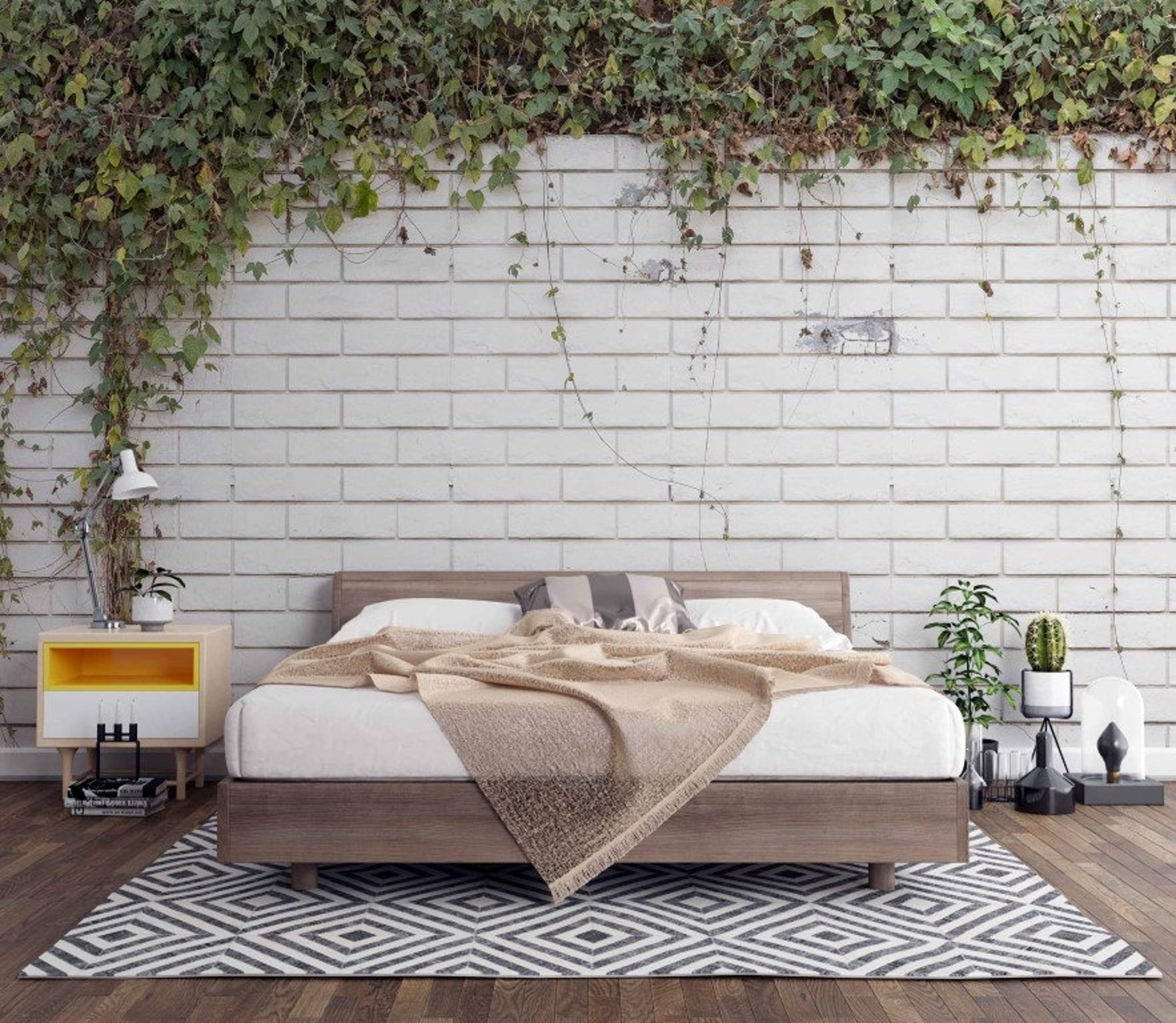 White Brick Look Wallpaper Green Ivy Peel and Stick Wall Mural Art ...