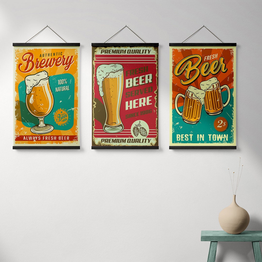 Beer Drink Bar Alcohol Wall Art 3 Set Hanging Poster With Wood Frames ...