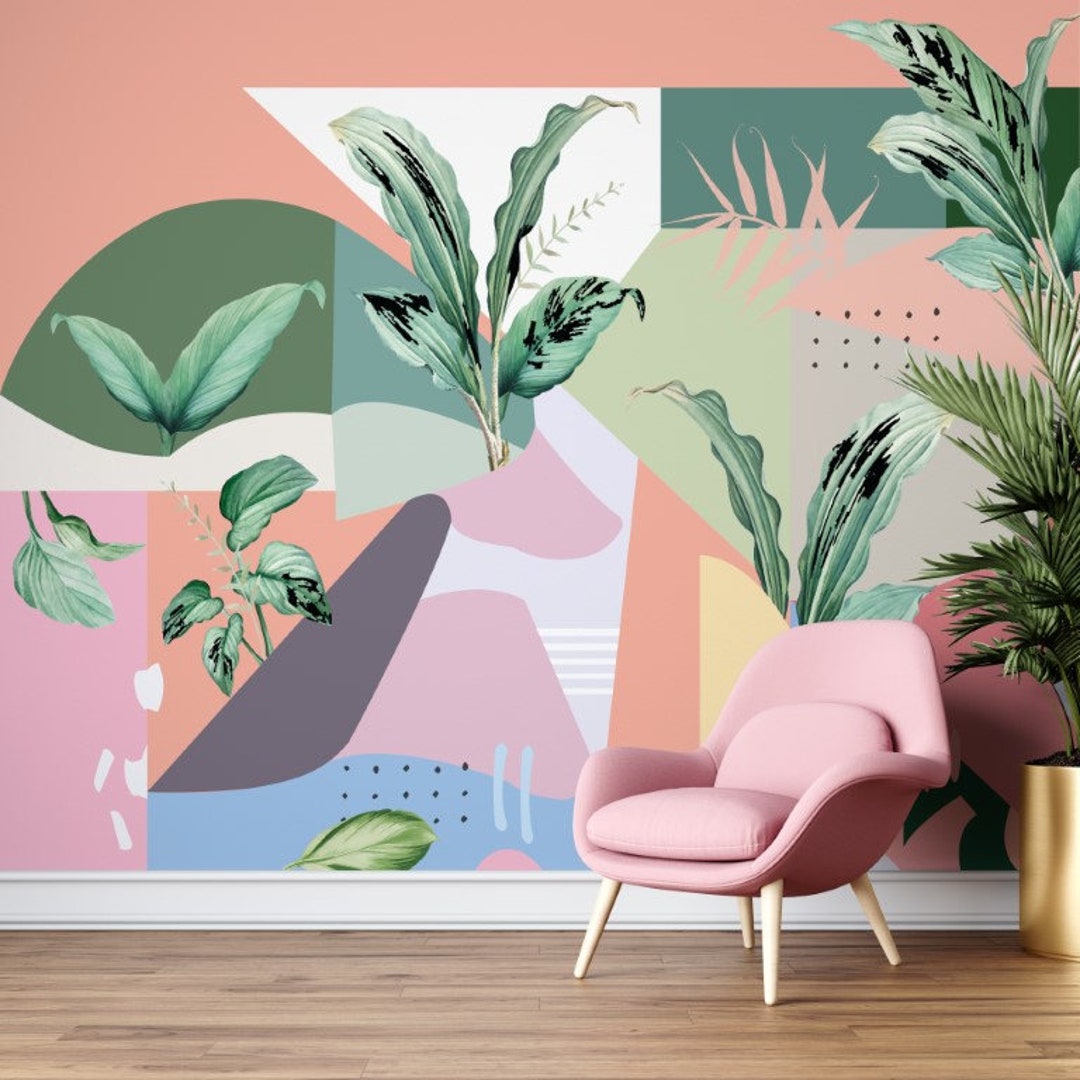 Colorful Random Shapes and Green Plants Peel and Stick Wallpaper ...