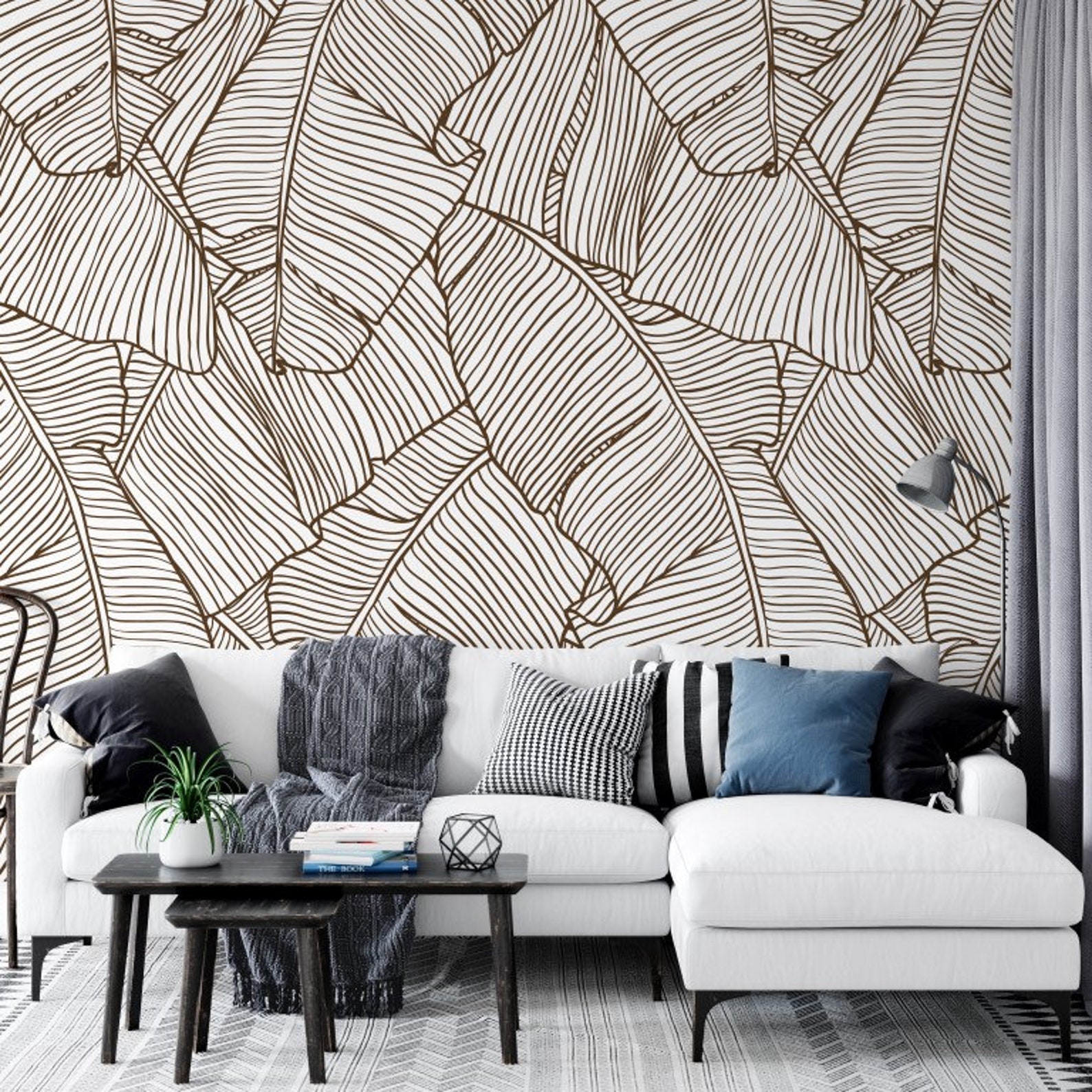 Pencil Drawing Leaves Wallpaper Scandinavian Design Wall Decor Abstract ...