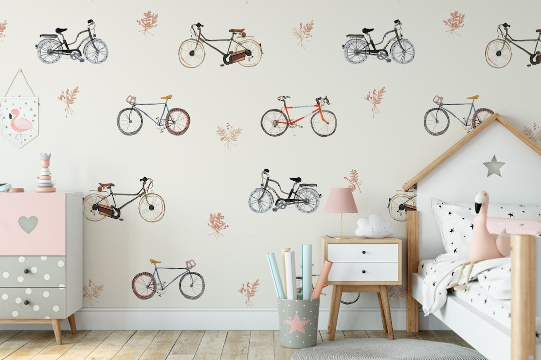 Bicycle Wallpaper Bike Peel and Stick Nursery Wall Mural Beige ...