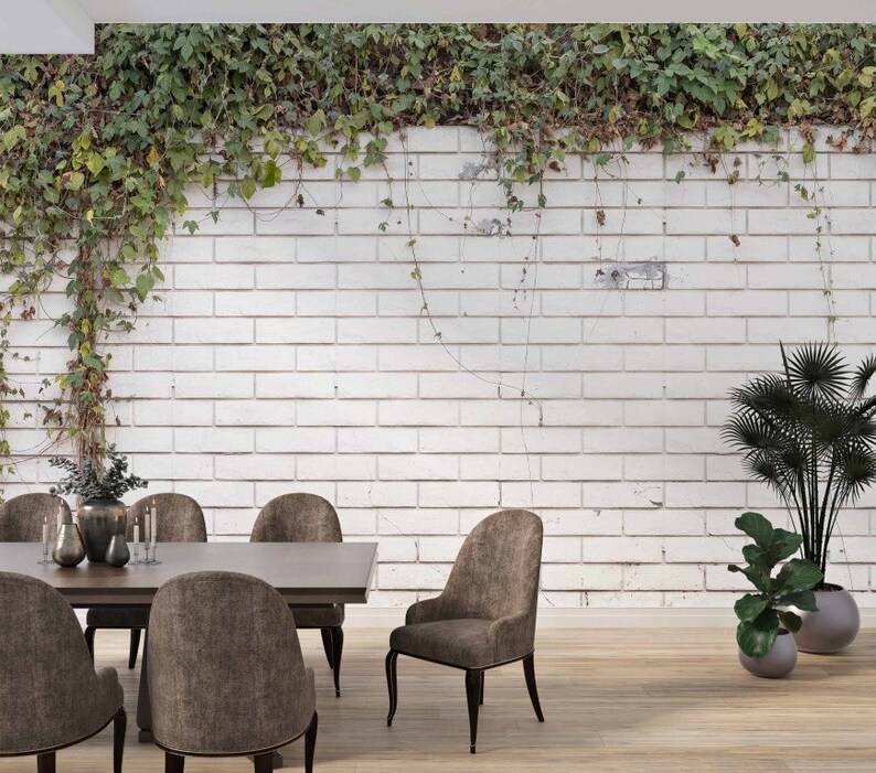 White Brick Look Wallpaper Green Ivy Peel and Stick Wall Mural - Etsy