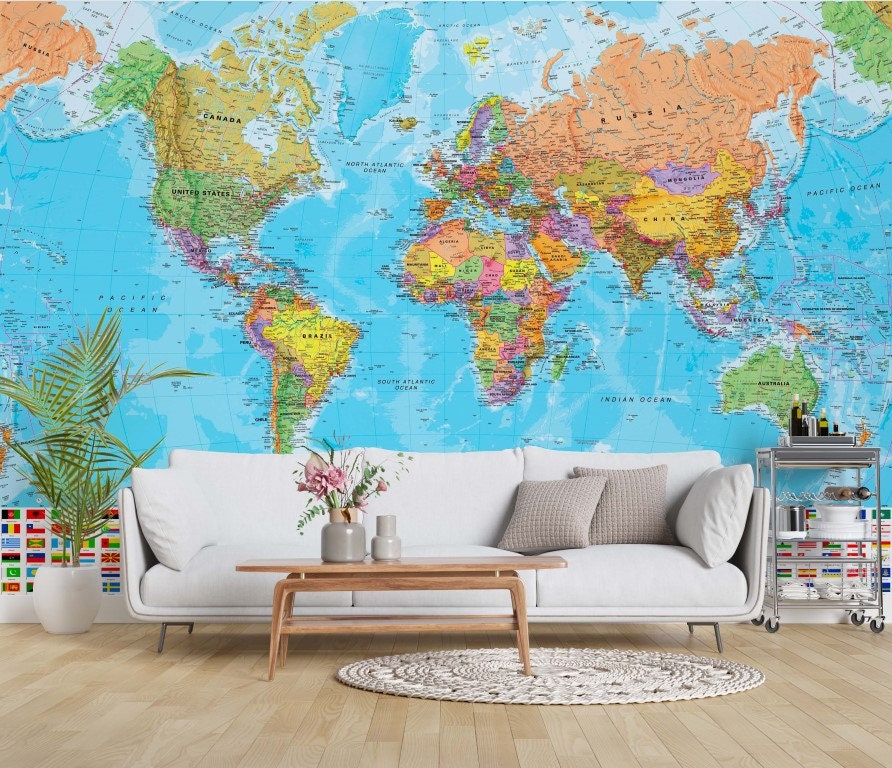 World Map Wallpaper / Country Flags Wallpaper / Blue Wallpaper | Etsy