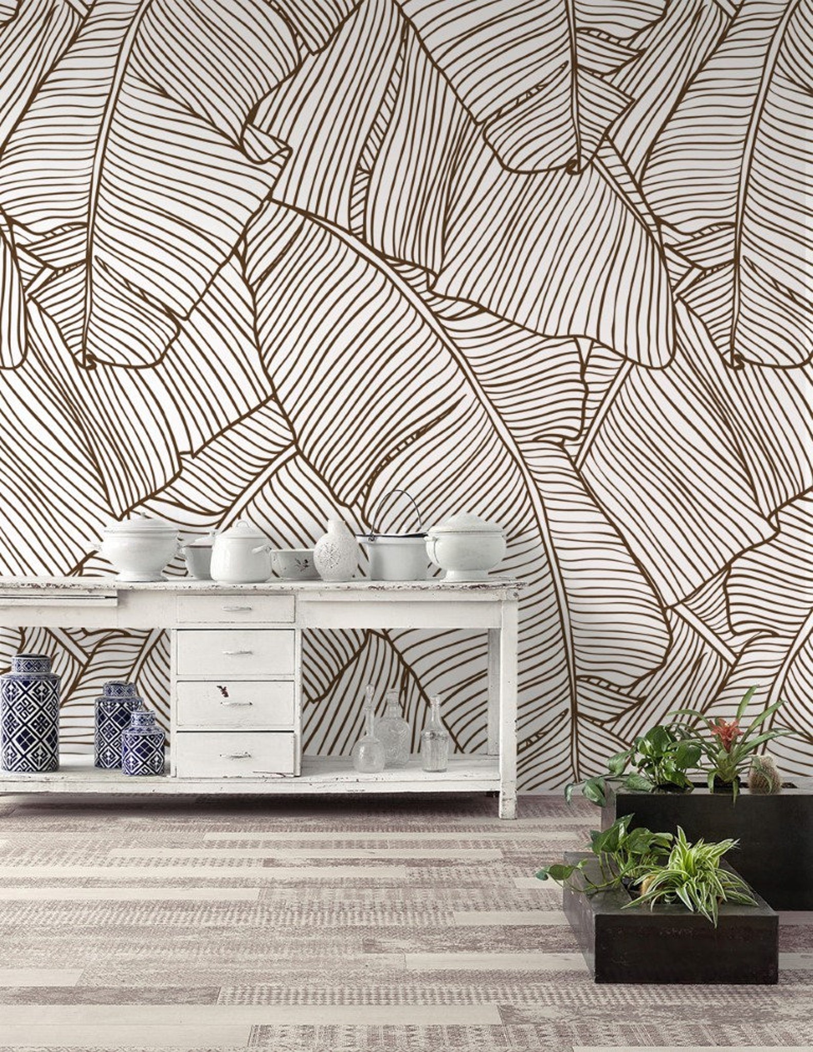 Pencil Drawing Leaves Wallpaper Scandinavian Design Wall Decor Abstract ...