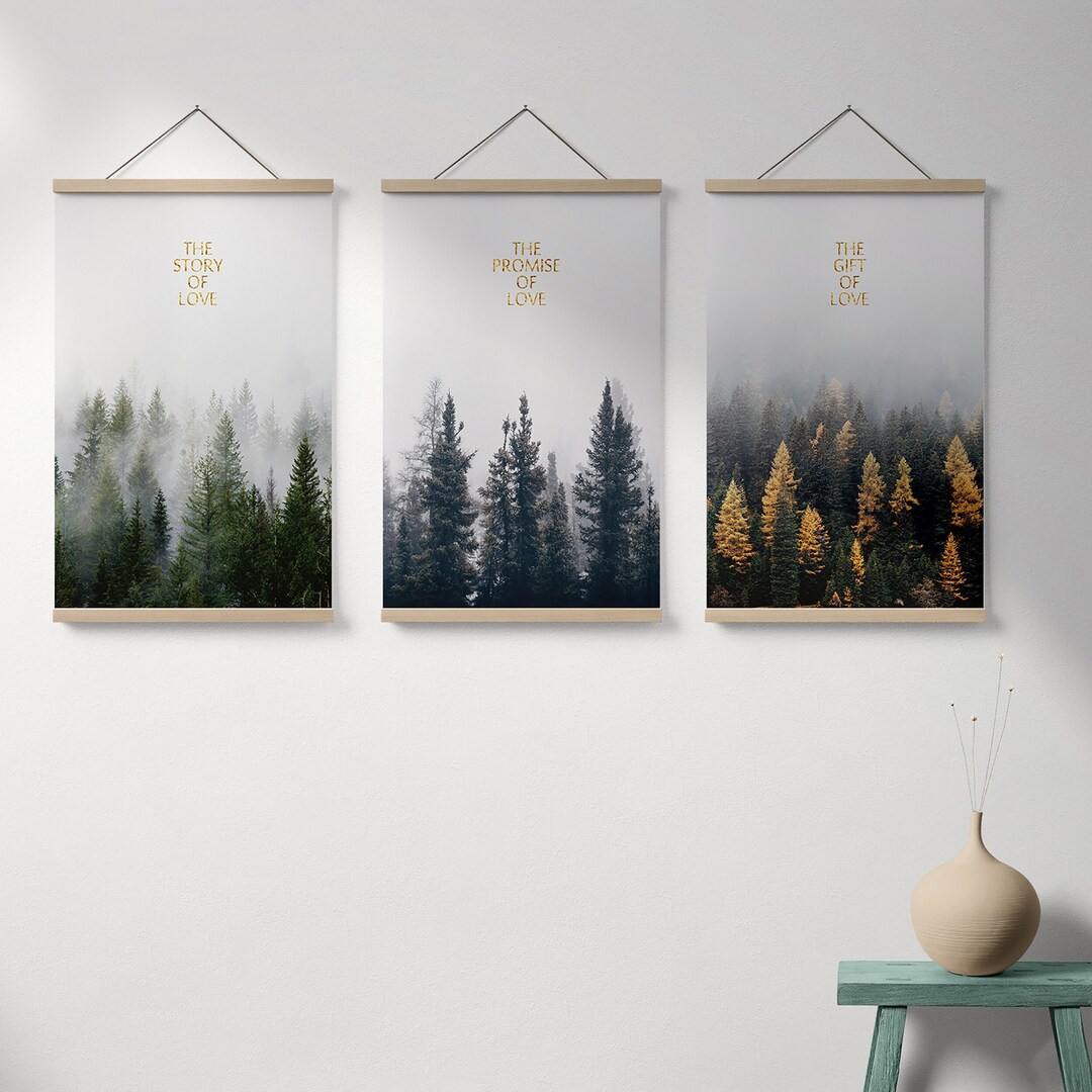 Art Forest Landscape Fog Tree Wall Art 3 Set Hanging Poster With Wood ...