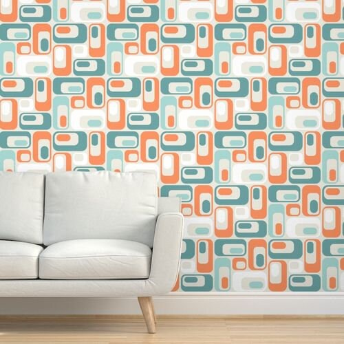Retro Ovals Wallpaper Aqua Teal Blue Orange Grey White Peel - Etsy UK