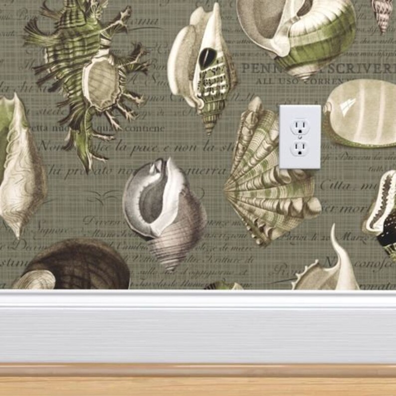 Seashell Wallpaper in Olive Sage Beige CUSTOM SIZE Wall Mural Peel and ...