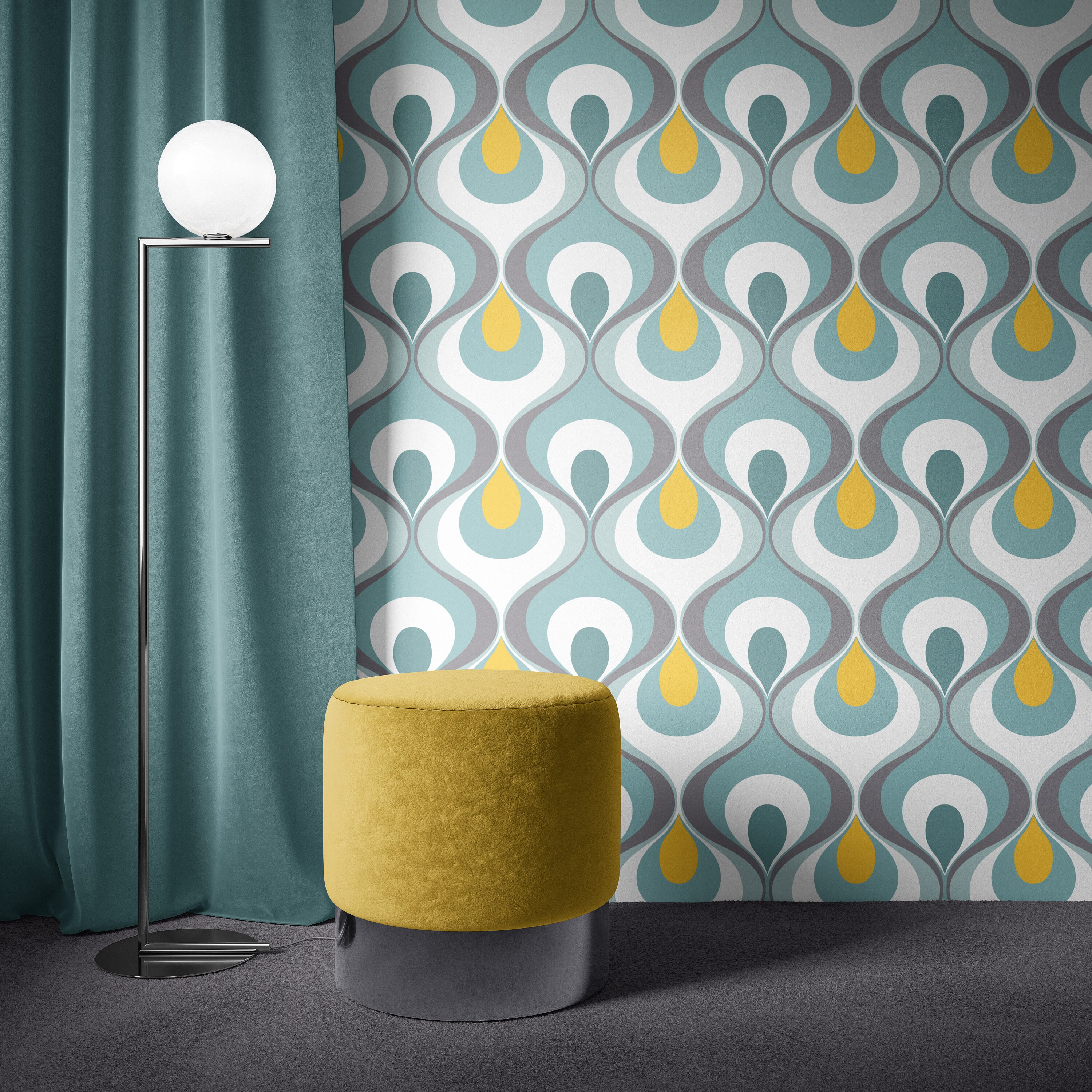 Retro Mood Wallpaper Aqua Teal Blue Grey Yellow White Peel and - Etsy UK