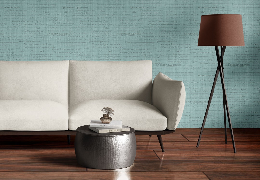 Vintage Italian Scripts Wallpaper in Pale Aqua Blue CUSTOM SIZE Wall ...