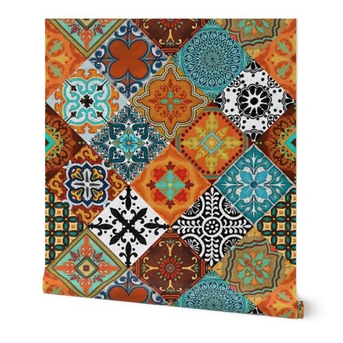 Talavera Tiles Wallpaper Orange Blue Green Black White CUSTOM | Etsy