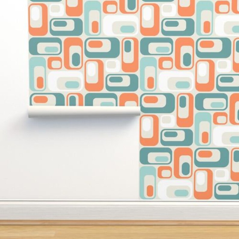 Retro Ovals Wallpaper Aqua Teal Blue Orange Grey White Peel - Etsy UK