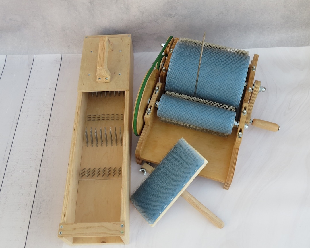 Set: Wooden Drum Carder for Wool and Wool Picker - Drum Carder for Wool ...