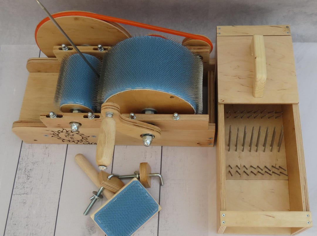 Set: Wooden Drum Carder for Wool and Wool Picker - Drum Carder for Wool ...