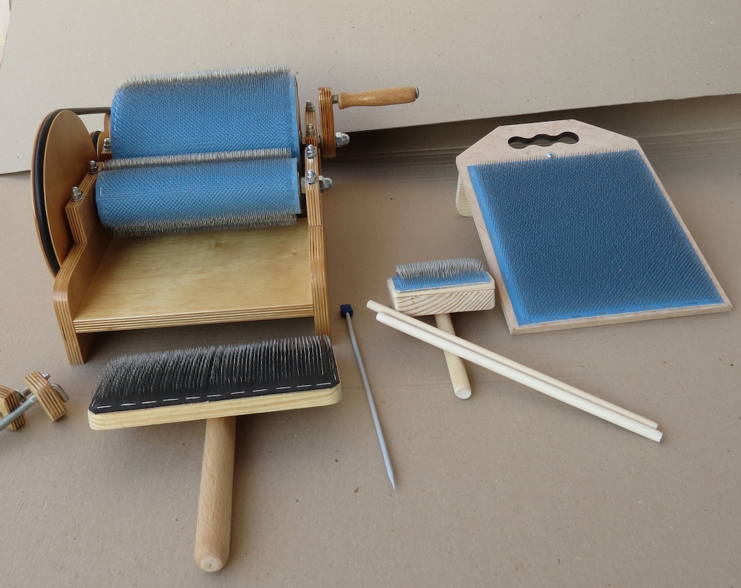 Set: Wooden Drum Carder for Wool and Fiber Combing Cardings Blending ...