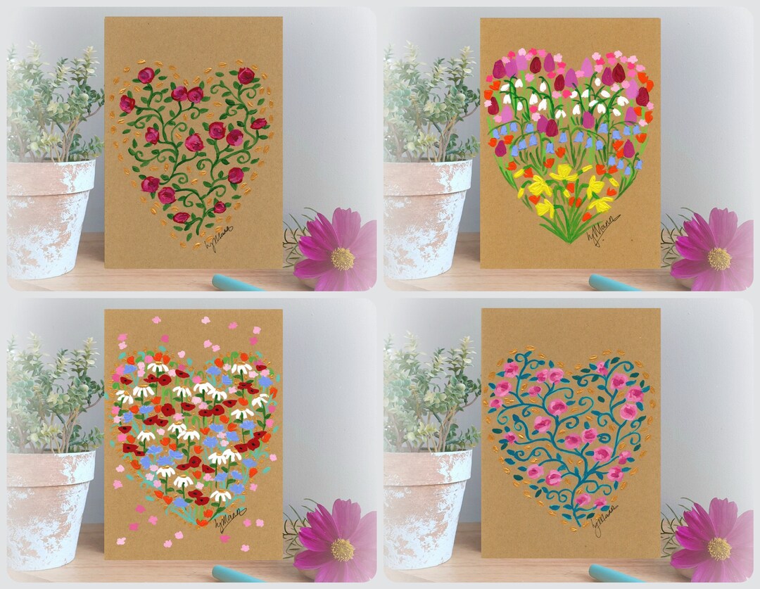 Hand Painted Card, Handmade Flower Card, Personalised Card, Heart Card ...