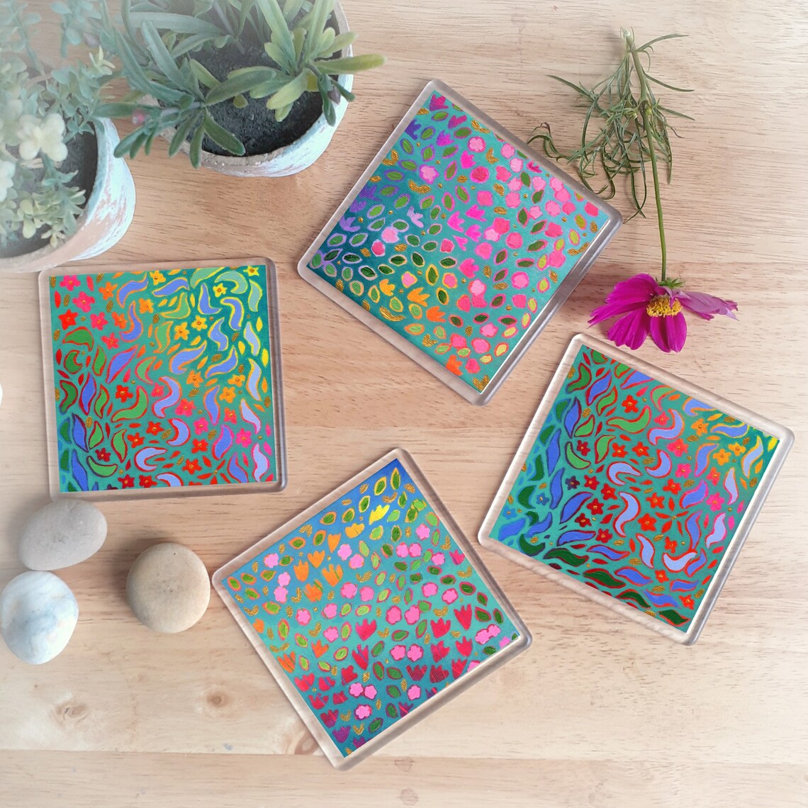 Colourful Coasters Flower Designs Set of Four Acrylic - Etsy