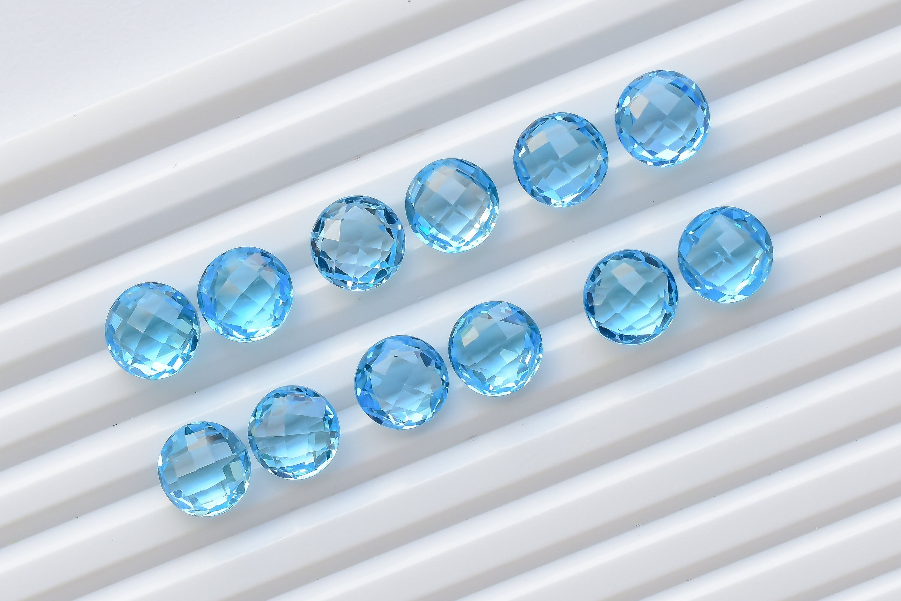 Pair of Swiss Blue Topaz Round Checker Cut Faceted Natural Gemstone ...