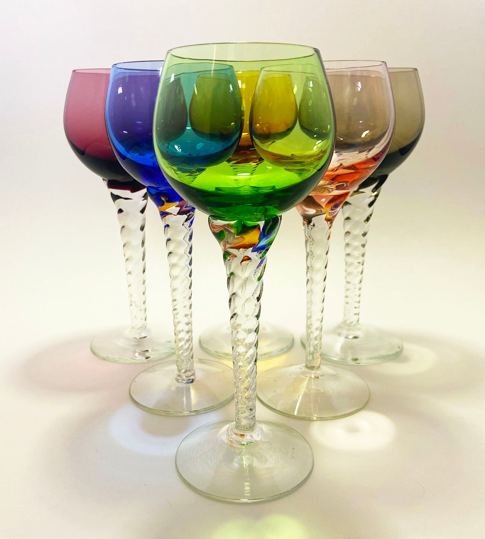 Vintage Multi Colored Twisted Stem Wine Glasses Set Of 6 Etsy