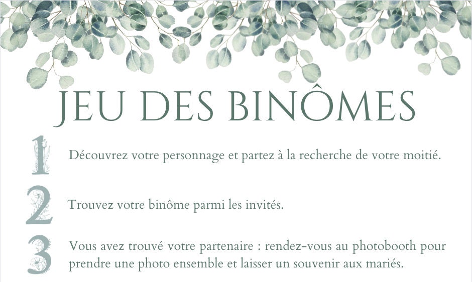 Le jeu des binômes thème eucalyptus 120 personnes 60 binômes - Etsy France