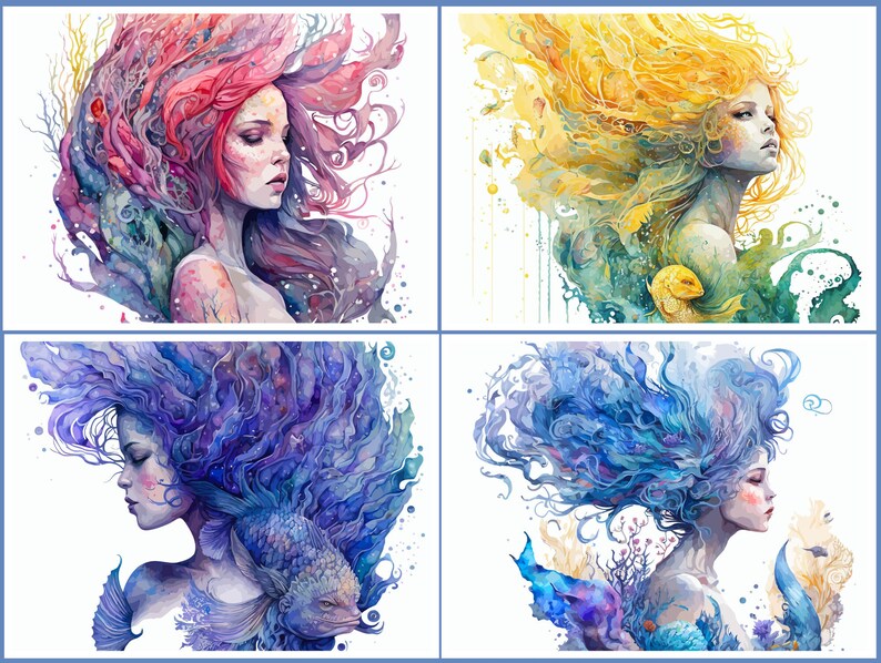 4 Mermaids Cross Stitch Patterns, Printable Watercolor Mermaid PDF ...