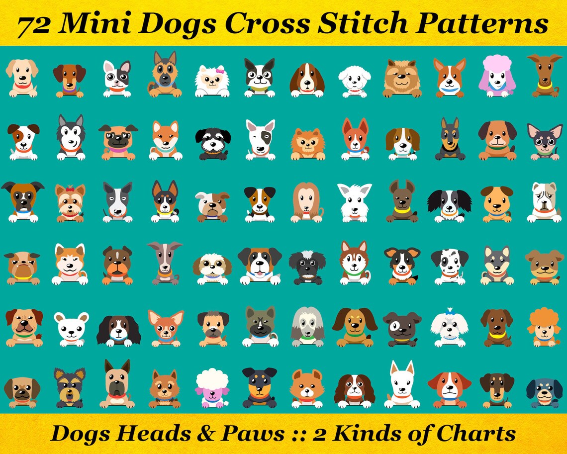 72 Mini Animals Dogs Stitch Patterns Printable Dogs Heads & | Etsy