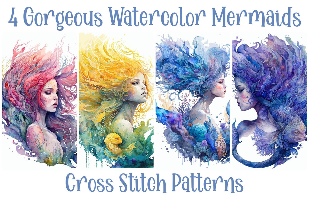 4 Mermaids Cross Stitch Patterns, Printable Watercolor Mermaid PDF ...
