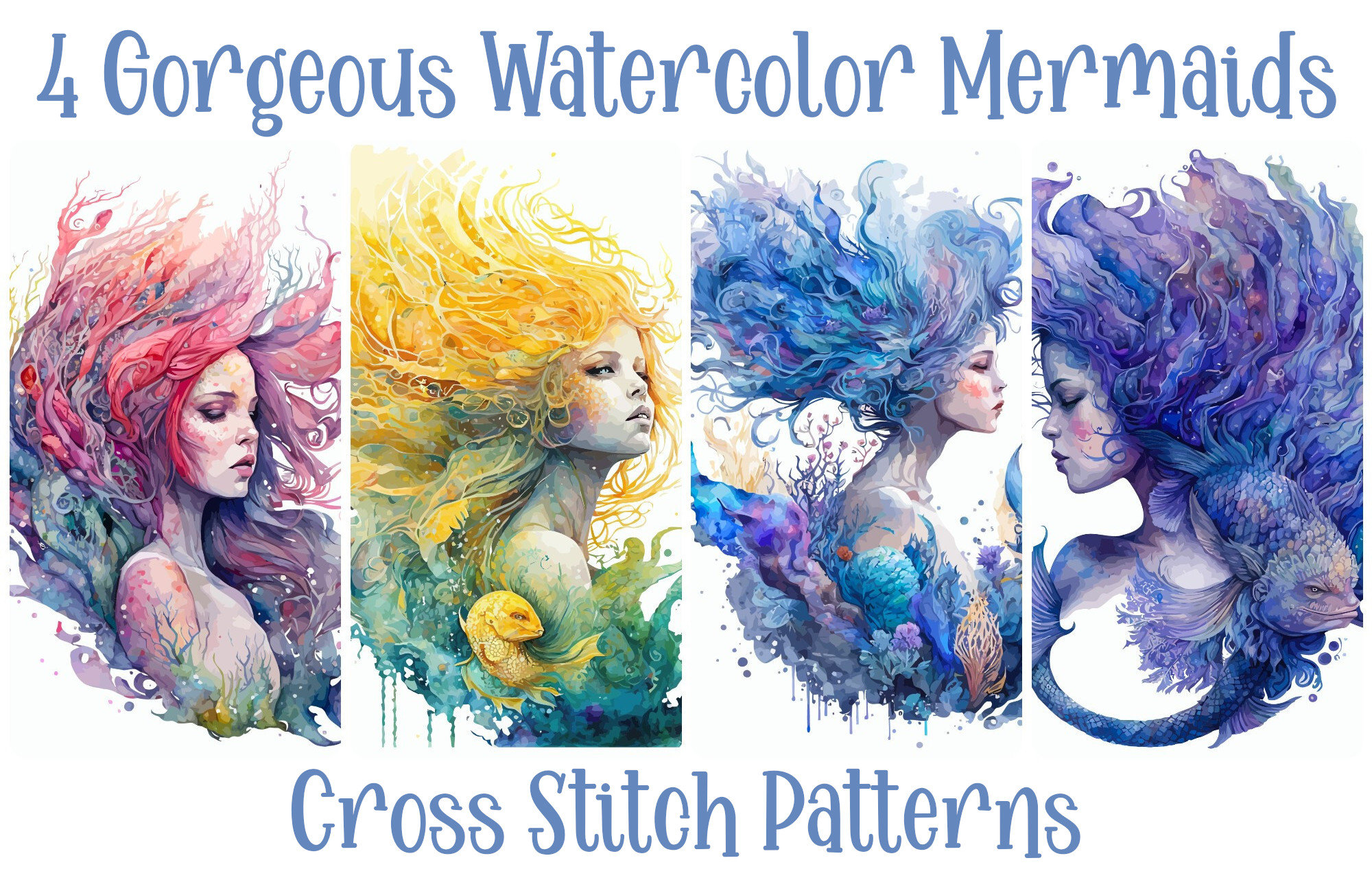 4 Mermaids Cross Stitch Patterns, Printable Watercolor Mermaid PDF ...
