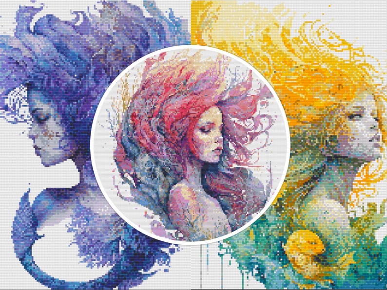 4 Mermaids Cross Stitch Patterns, Printable Watercolor Mermaid PDF ...
