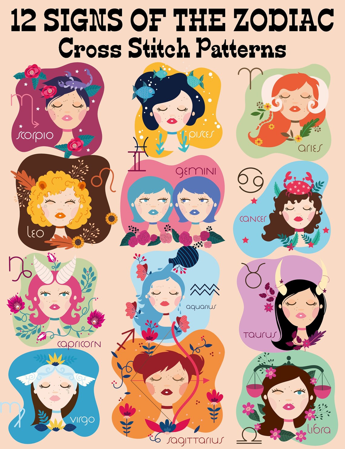 12 Signs of the Zodiac Cross Stitch Patterns PDF Patterns - Etsy