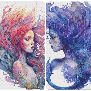 4 Mermaids Cross Stitch Patterns, Printable Watercolor Mermaid PDF ...