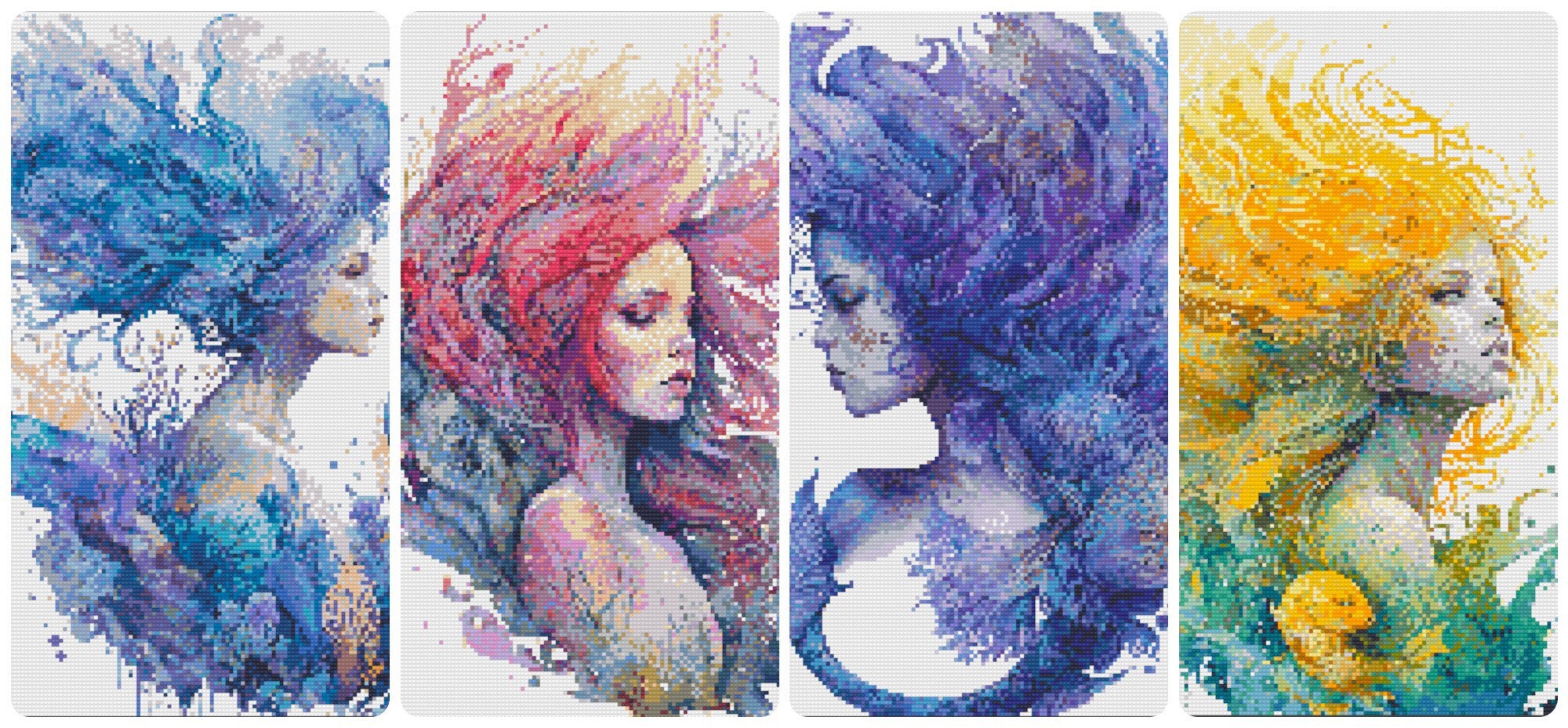 4 Mermaids Cross Stitch Patterns, Printable Watercolor Mermaid PDF ...